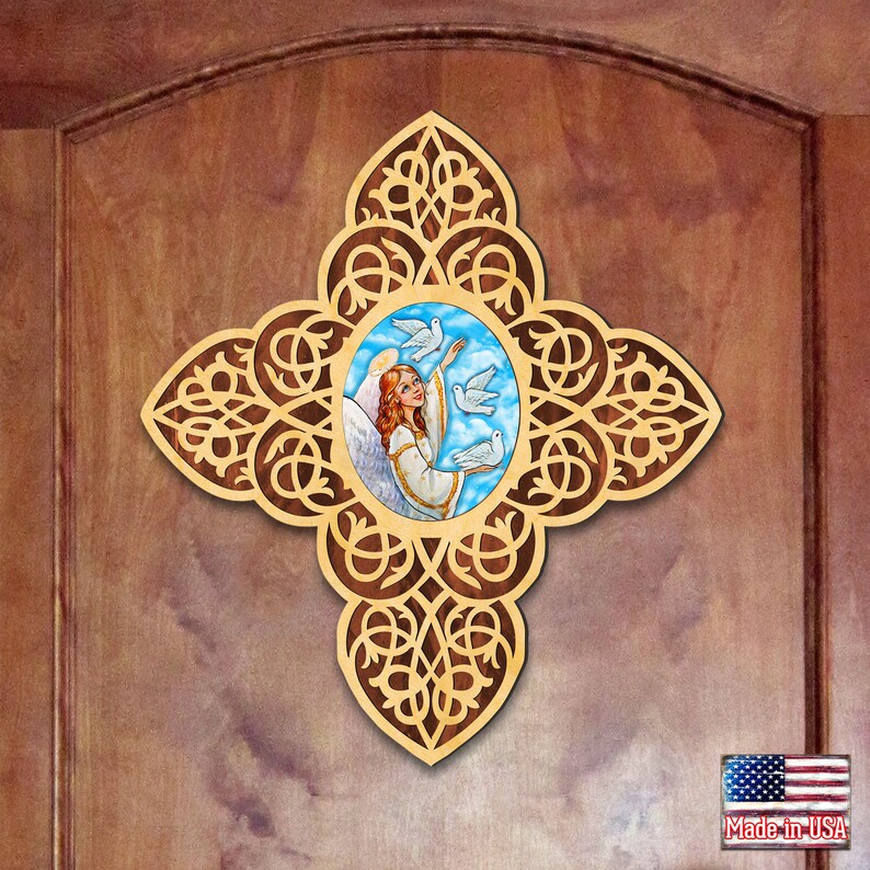 Wall Cross Guardian Angel With Dove Inspirational Wooden Filigree Cross ...