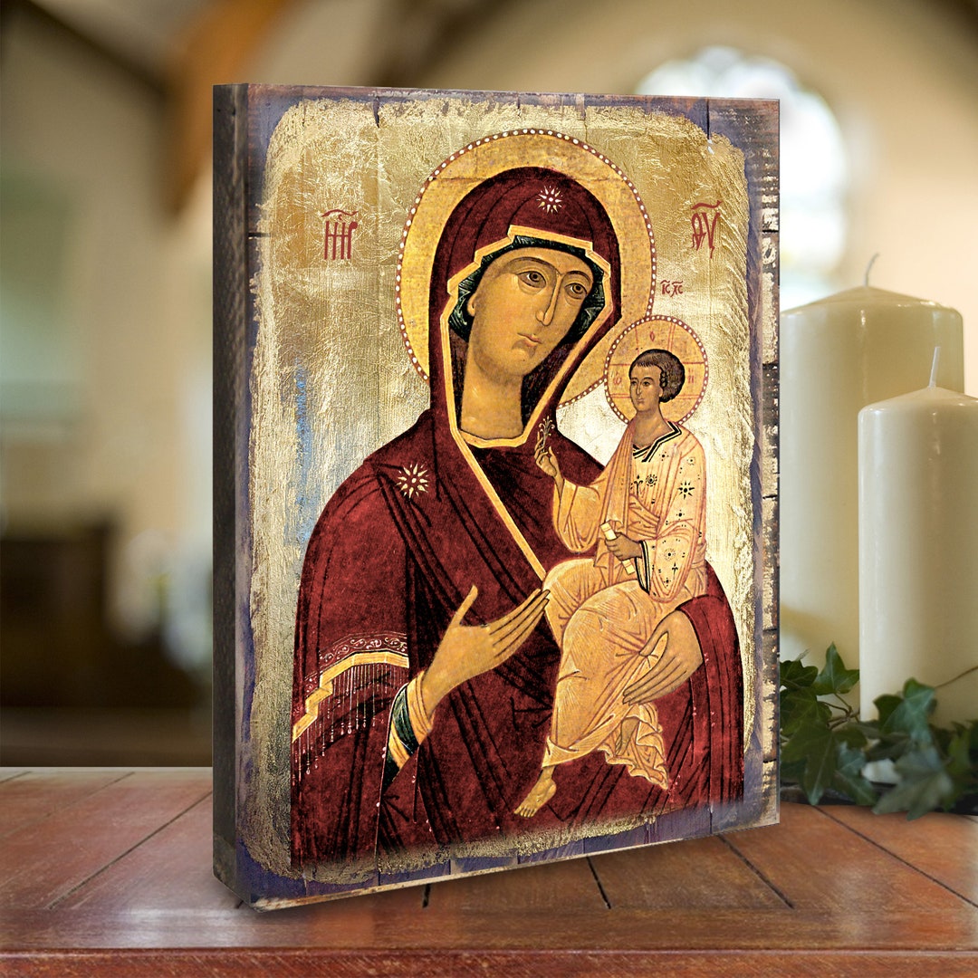 Virgin Mary Icon - Gold-plated Wooden Block With Reclaimed Wood Icon ...