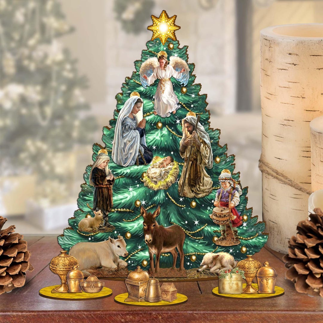 Nativity-themed Tabletop Holiday Tree - Handcrafted Wooden Decoration ...