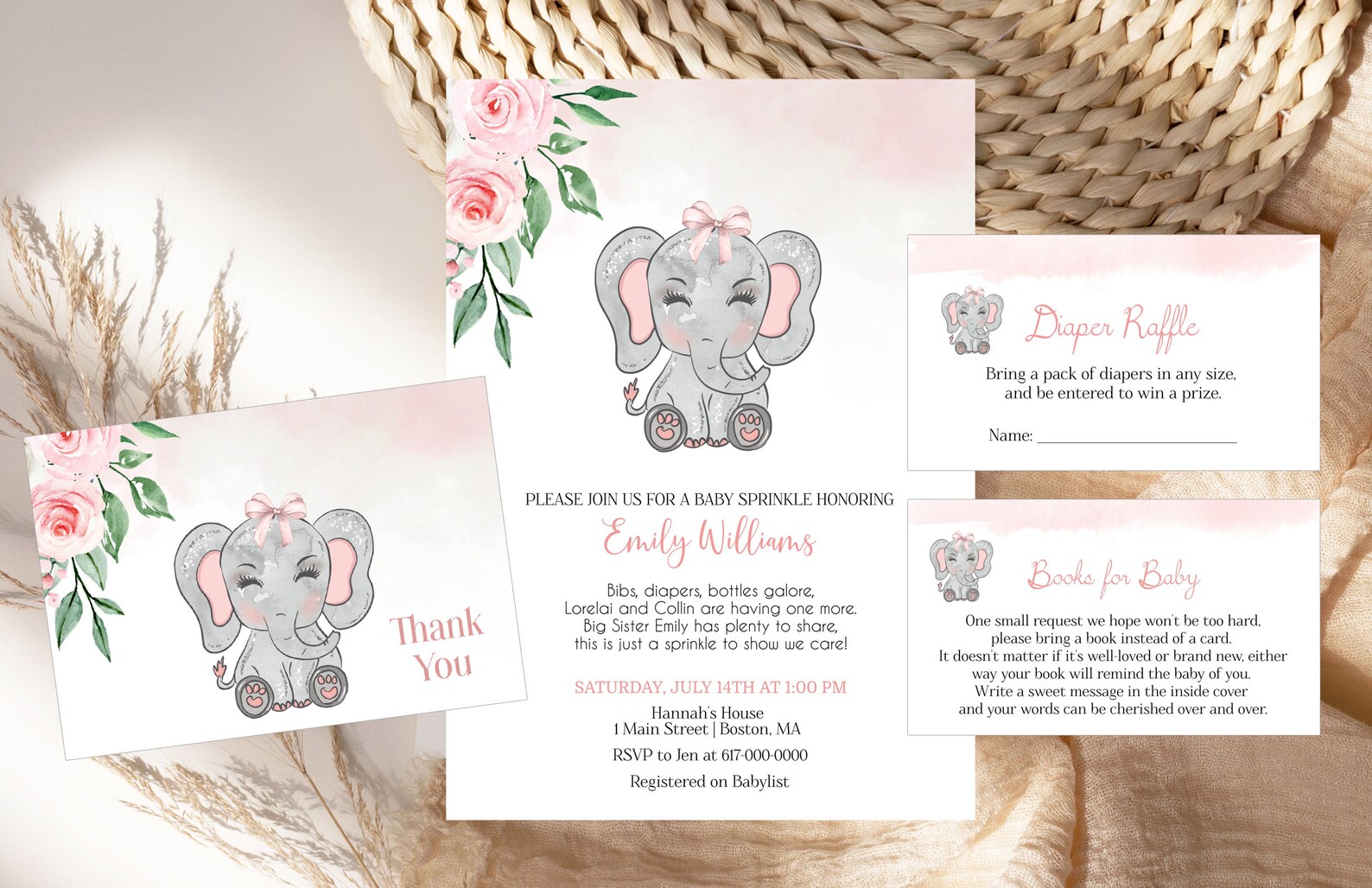Elephant Baby Sprinkle Invitation, Set Pink Floral Baby Sprinkle ...