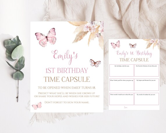 Butterfly Time Capsule Girl, Editable Birthday Time Capsule, Pink 1st ...