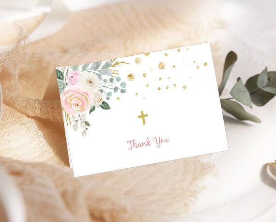 First Communion Thank You Card, Editable Pink Floral Thank You Card ...