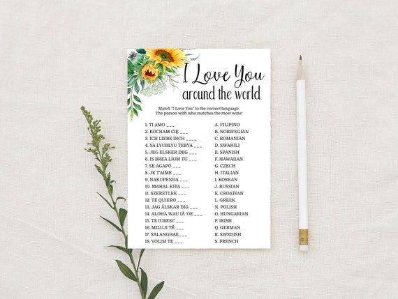 I Love You Around The World Bridal Shower Game Sunflower Bridal Shower