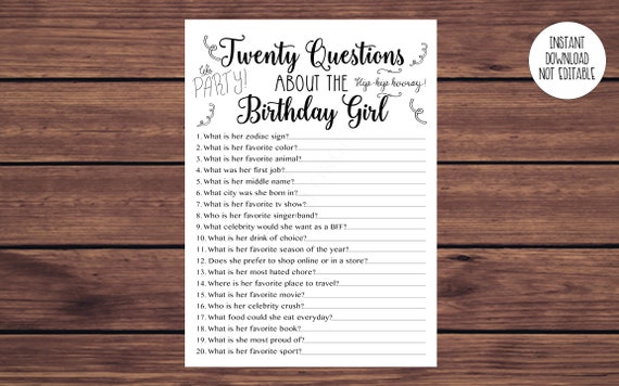 Twenty Questions about the Birthday Girl, Birthday 20 Questions, Adult ...
