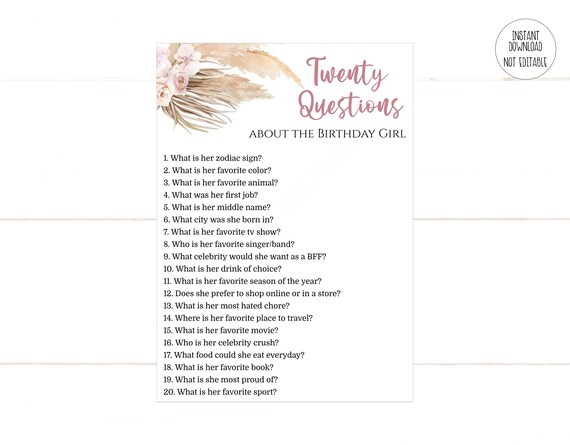 Twenty Questions about the Birthday Girl, Boho 20 Questions, Know the ...