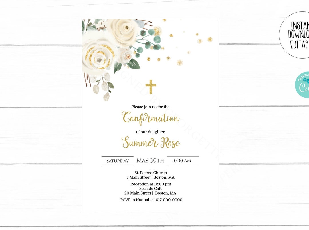 Floral Confirmation Invitation Girl White Flowers (instant Download) - Etsy