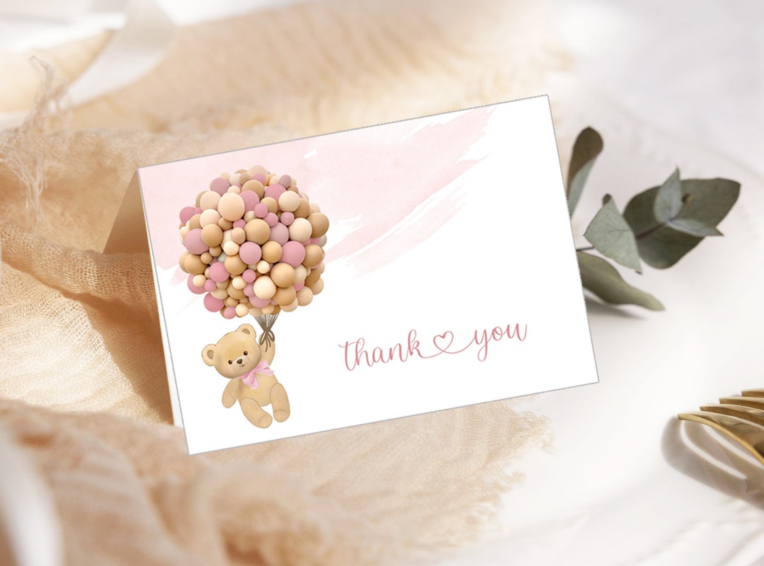 Teddy Bear Thank You Card, Thank You Card, Pink Thank You, Girl Baby ...