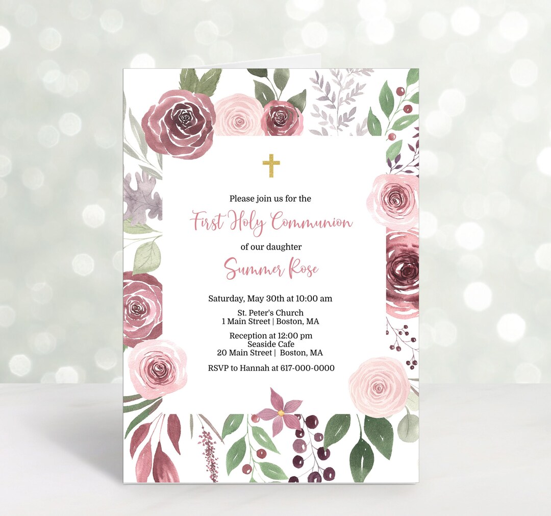 First Holy Communion Invitation, Pink Floral 1st Communion Invitation ...