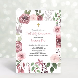 First Holy Communion Invitation, Pink Floral 1st Communion Invitation ...