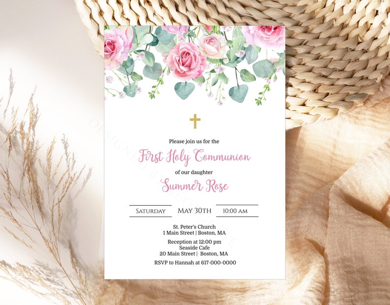 Roses First Holy Communion Invitation Pink Floral 1st Communion ...