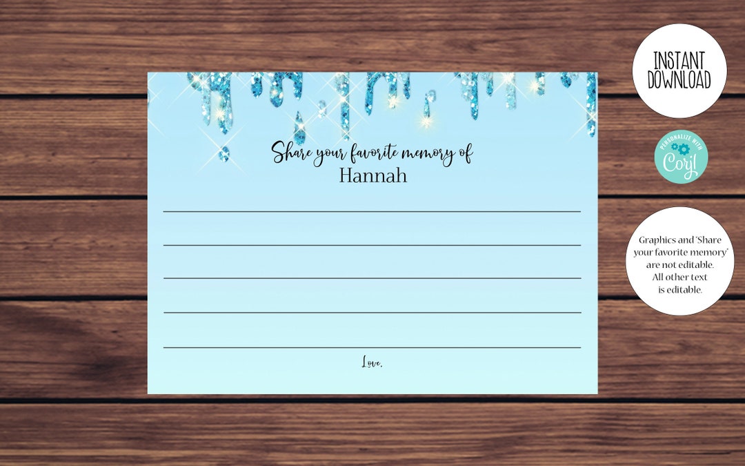 Editable Share a Favorite Memory Card, Blue Women's Birthday Party Game ...