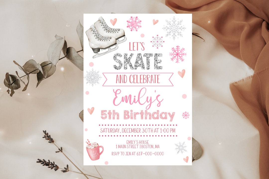 Ice Skating Birthday Invitation, Pink and Silver Skating Birthday ...