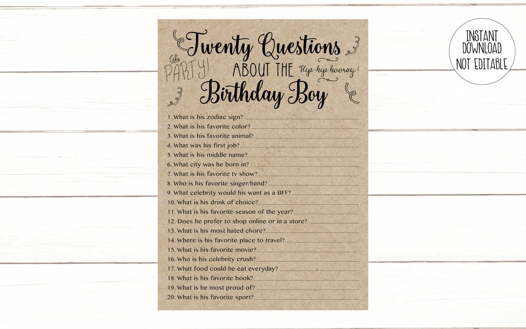 Twenty Questions About the Birthday Boy Kraft Birthday 20 Questions ...