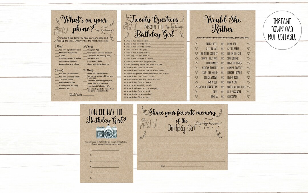 Adult Birthday Game Bundle for Her Whats in Your Phone Twenty Questions ...