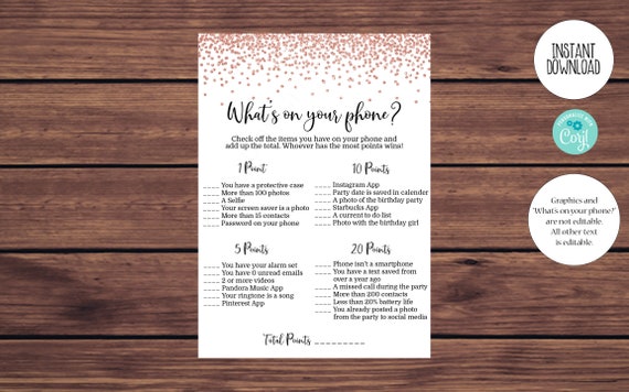 Editable Whats on Your Phone Birthday Game, Rose Gold Women's Birthday ...