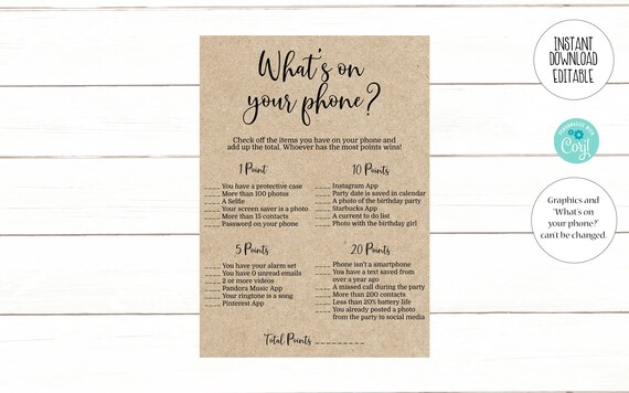 Editable Whats on Your Phone Birthday Game, Rustic Women's Birthday ...