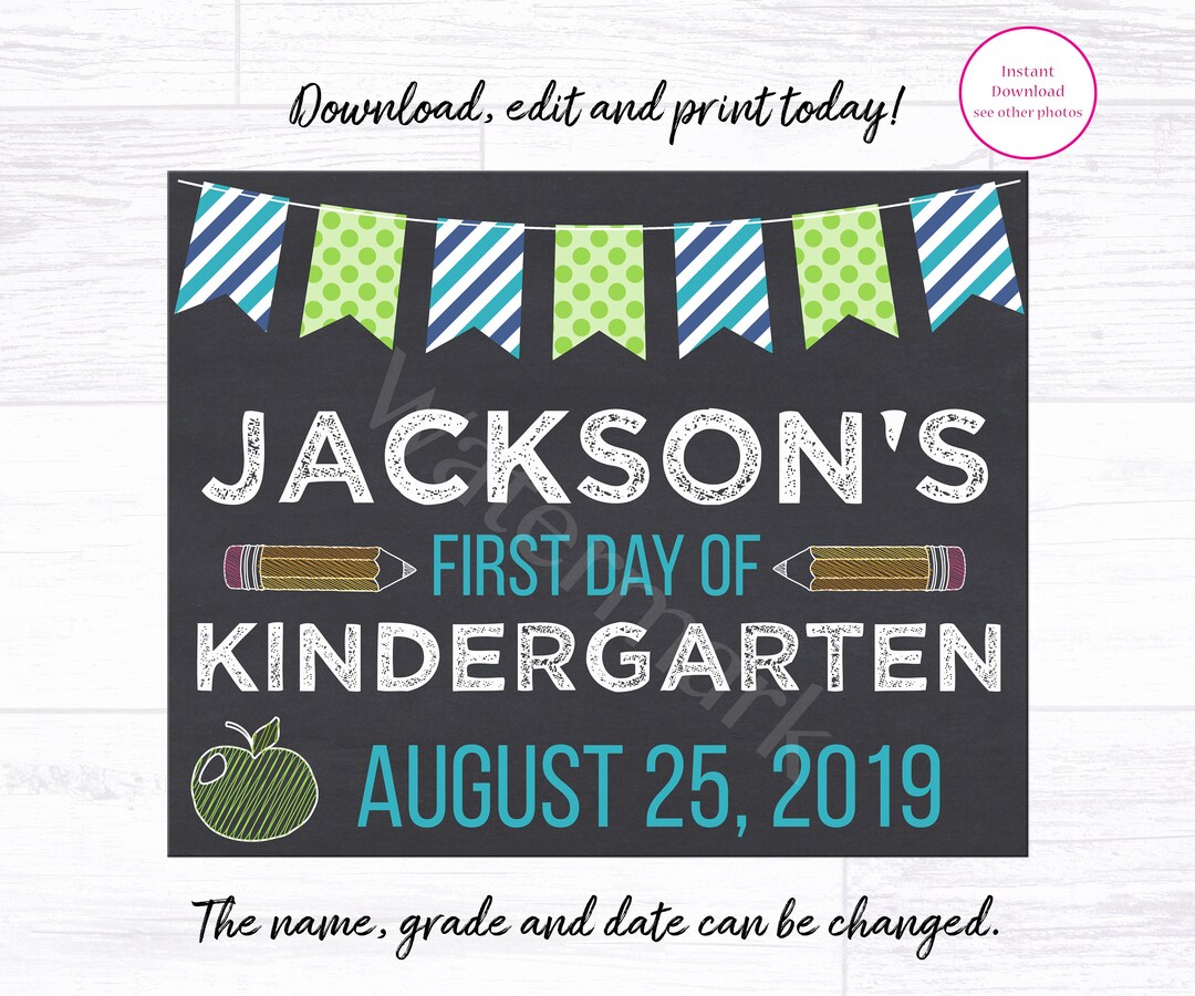 Editable First Day of School Sign Any Grade Blue and Green - Etsy
