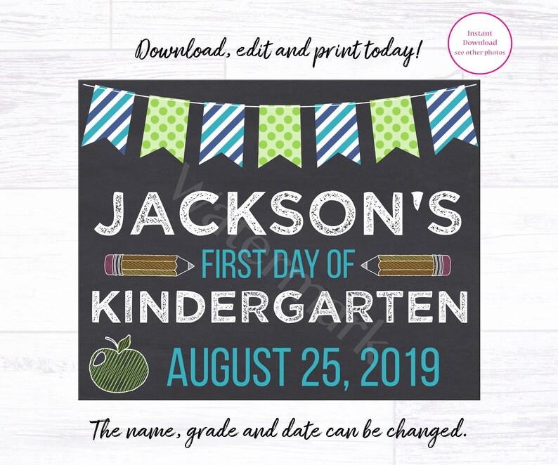 Editable First Day of School Sign Any Grade Blue and Green - Etsy
