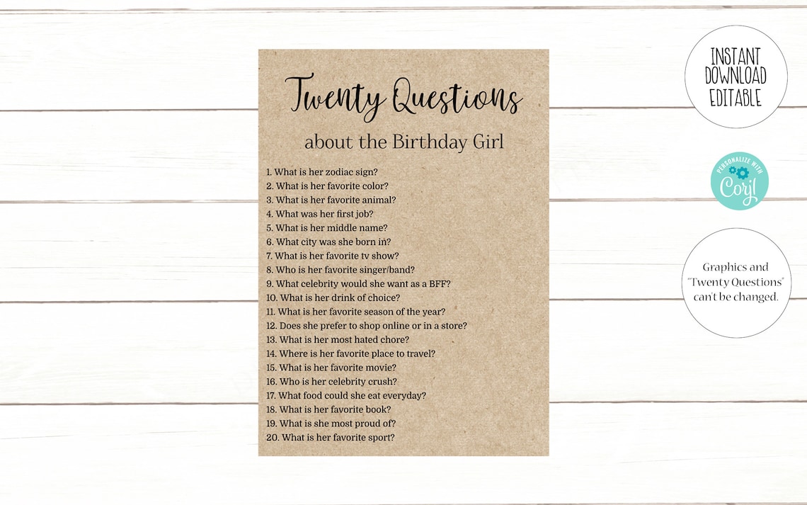 Editable Twenty Questions Women's Birthday Party Game Printable ...
