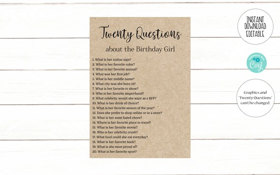 Editable Twenty Questions, Women's Birthday Party Game, Printable ...