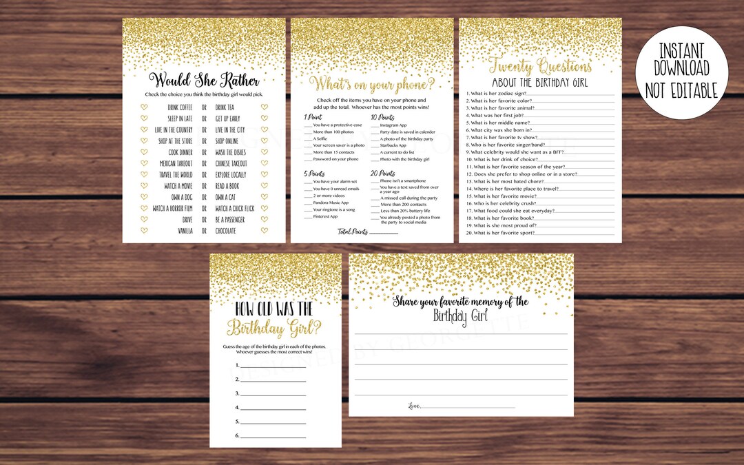 Adult Birthday Game Bundle for Her, Gold Whats in Your Phone, Twenty ...