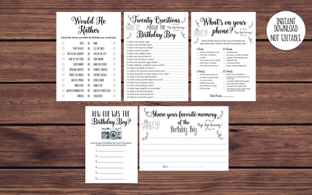 Adult Birthday Game Bundle for Him Whats in Your Phone Twenty Questions ...