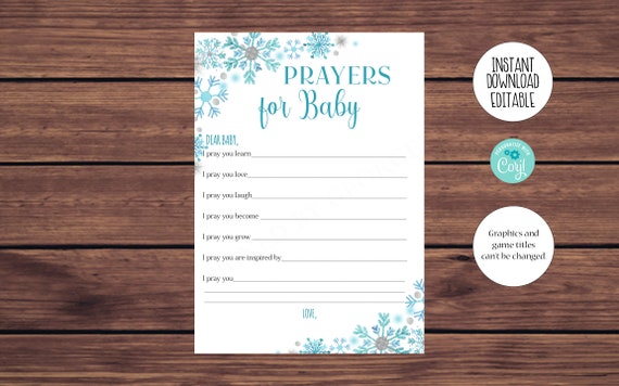 Editable Prayers for Baby Card, Blue Snowflake Prayers for Baby Shower ...