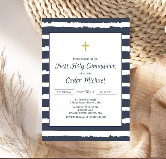 Editable Blue First Holy Communion Invitation Boy Navy And Gold 1st