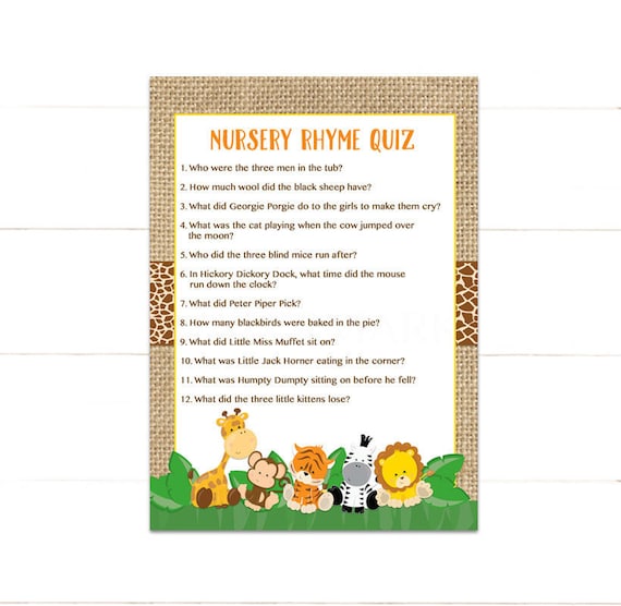 Safari Nursery Rhyme Quiz Baby Shower Game, Jungle Nursery Rhyme Baby ...