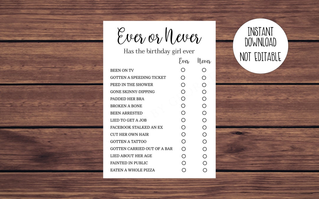 Birthday Ever or Never Never or Ever Game Adult Birthday - Etsy