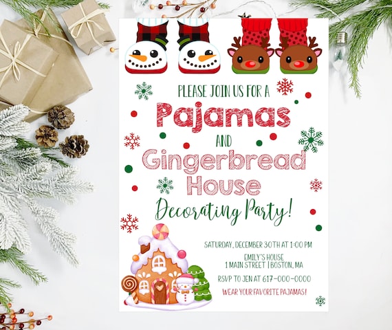 Christmas Gingerbread House and Pajamas Party Invitation, Red and Green ...