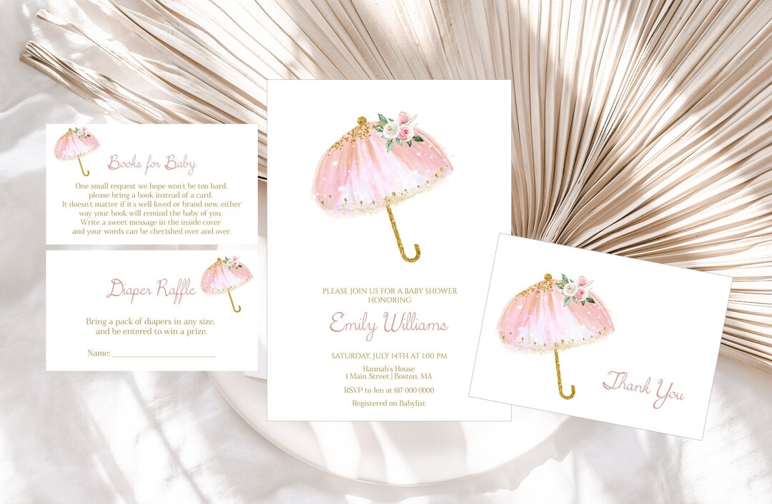 Pink Umbrella Baby Shower Invitation Set Editable Girl Shower ...