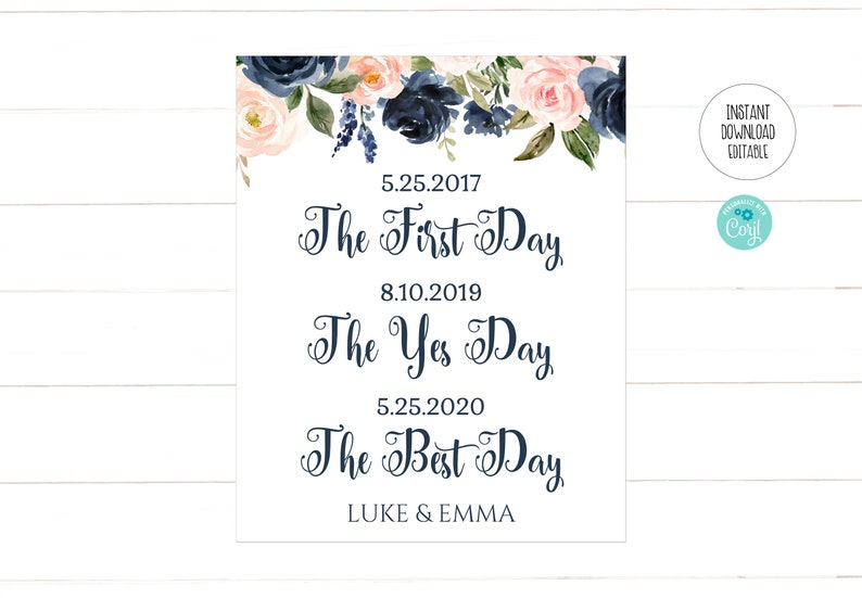Editable Relationship Dates Sign Navy Blue Pink Floral First | Etsy