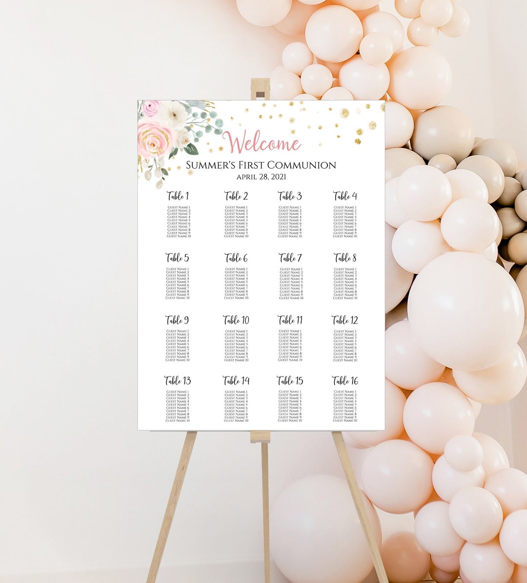 Editable Seating Chart Wedding Pink Floral Communion Seating Chart ...