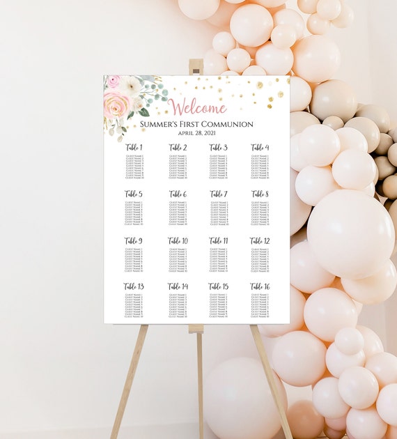 Editable Seating Chart Wedding, Pink Floral Communion Seating Chart ...