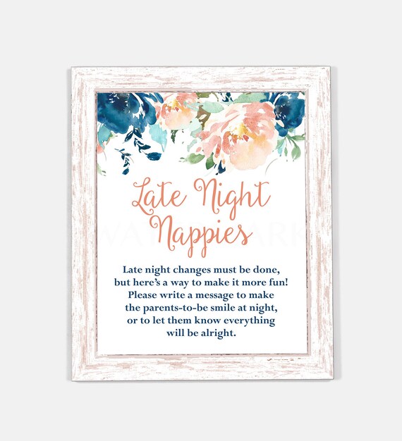 Nappy Thoughts Sign, Blue Coral Floral Late Night Nappies Sign Gender ...