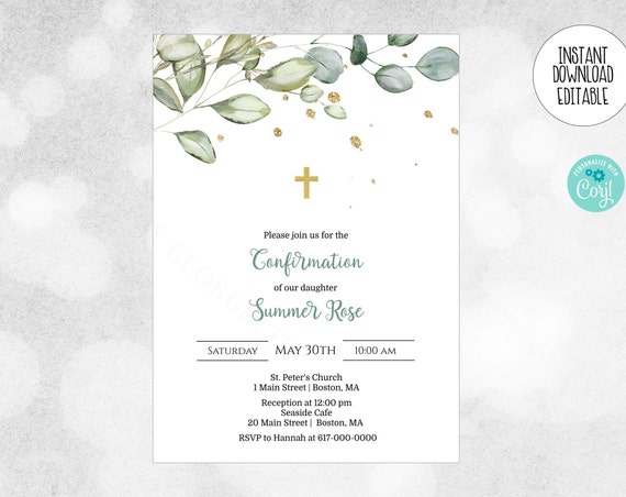 Greenery Confirmation Invitation, Green and Gold Confirmation ...