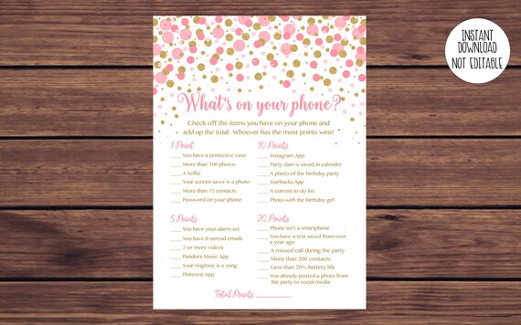 Birthday What's in Your Phone Game Girl, Pink and Gold Whats in Your ...