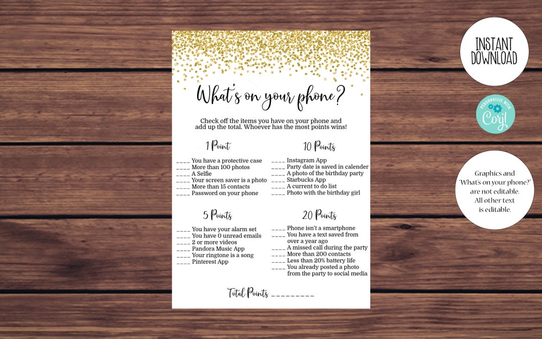 Editable Whats on Your Phone Birthday Game Gold Women's Birthday Party ...