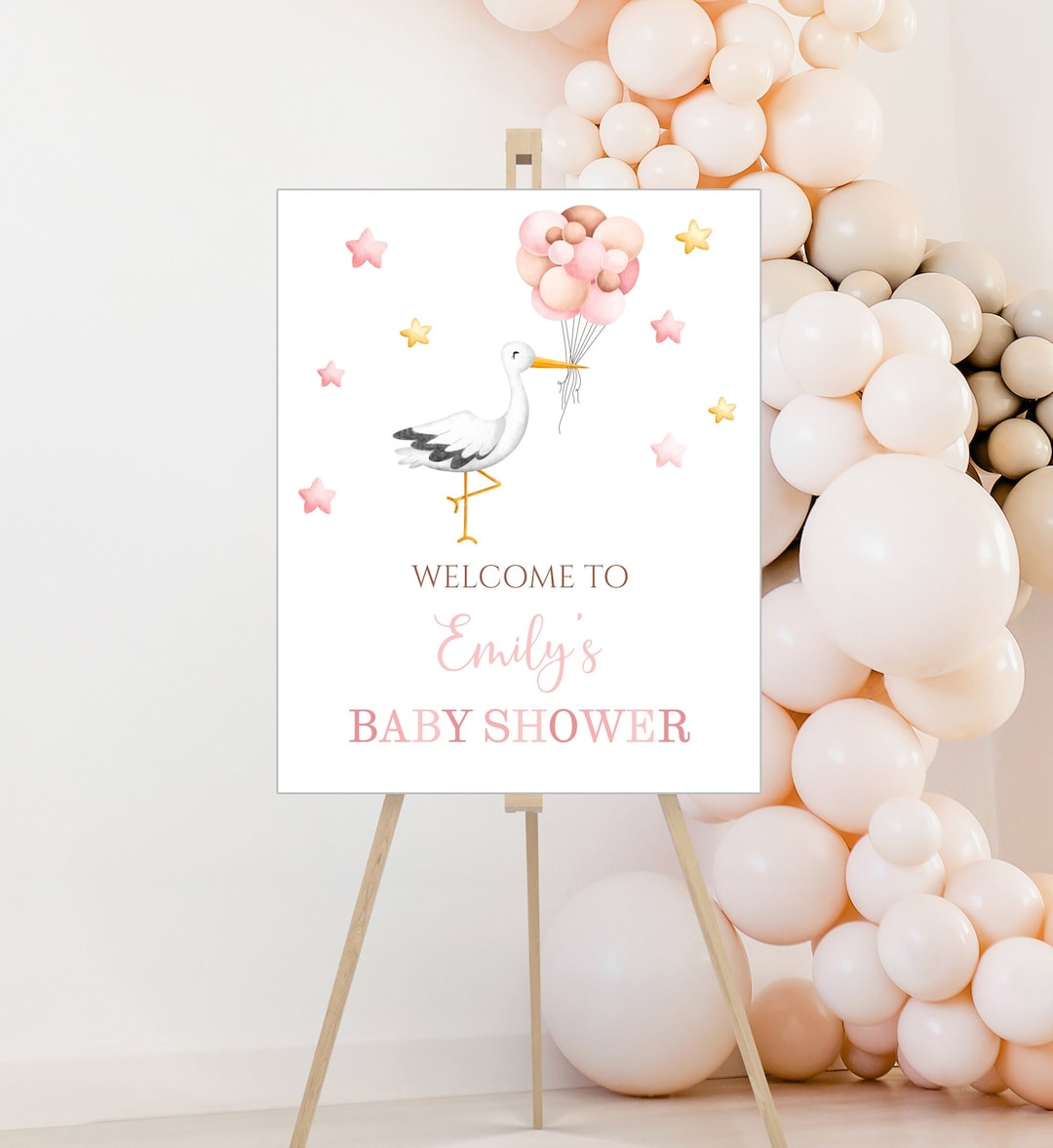 Editable Stork Baby Shower Welcome Sign in Pink - Etsy