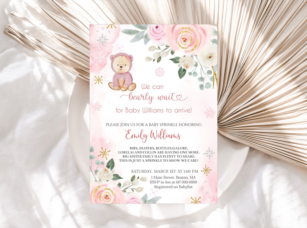 Pink Teddy Bear Baby Sprinkle Invitation Girl Winter Floral Baby ...