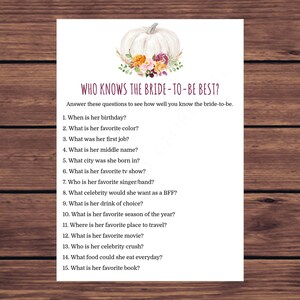Editable Who Knows the Bride to Be Best Game, Floral Pumpkin Fall ...