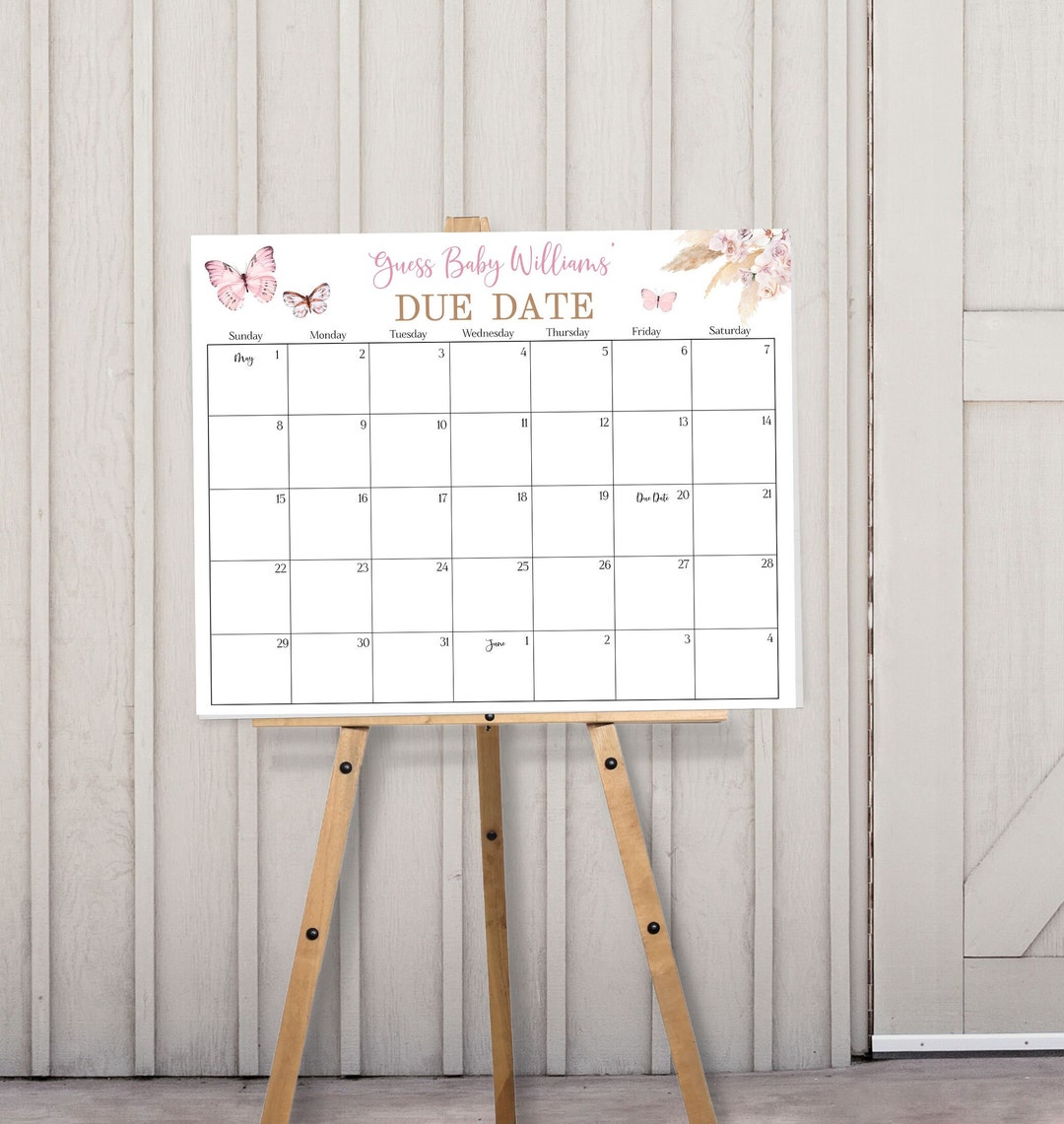 Butterfly Baby Shower Due Date Guessing Game Pink Floral Due Date ...