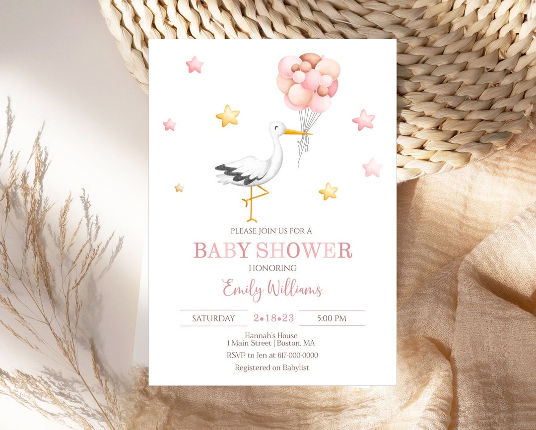 Editable Stork Baby Shower Invitation, Girl Baby Shower Invitation ...