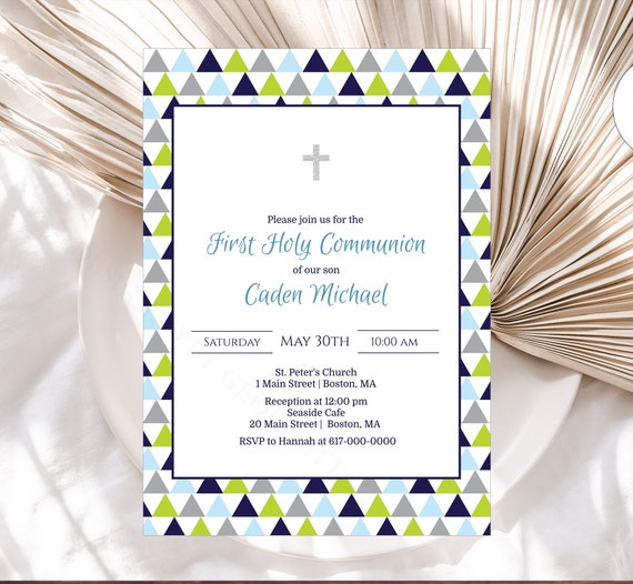 Editable Blue First Holy Communion Invitation Boy Blue Green 1st