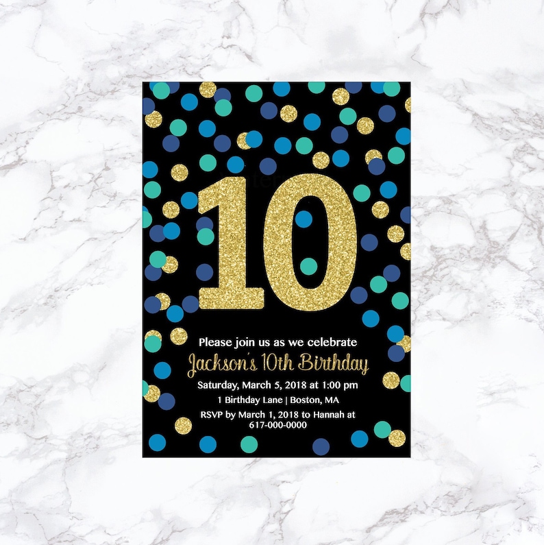 10th-birthday-invitation-boy-blue-teal-gold-confetti-tenth-etsy