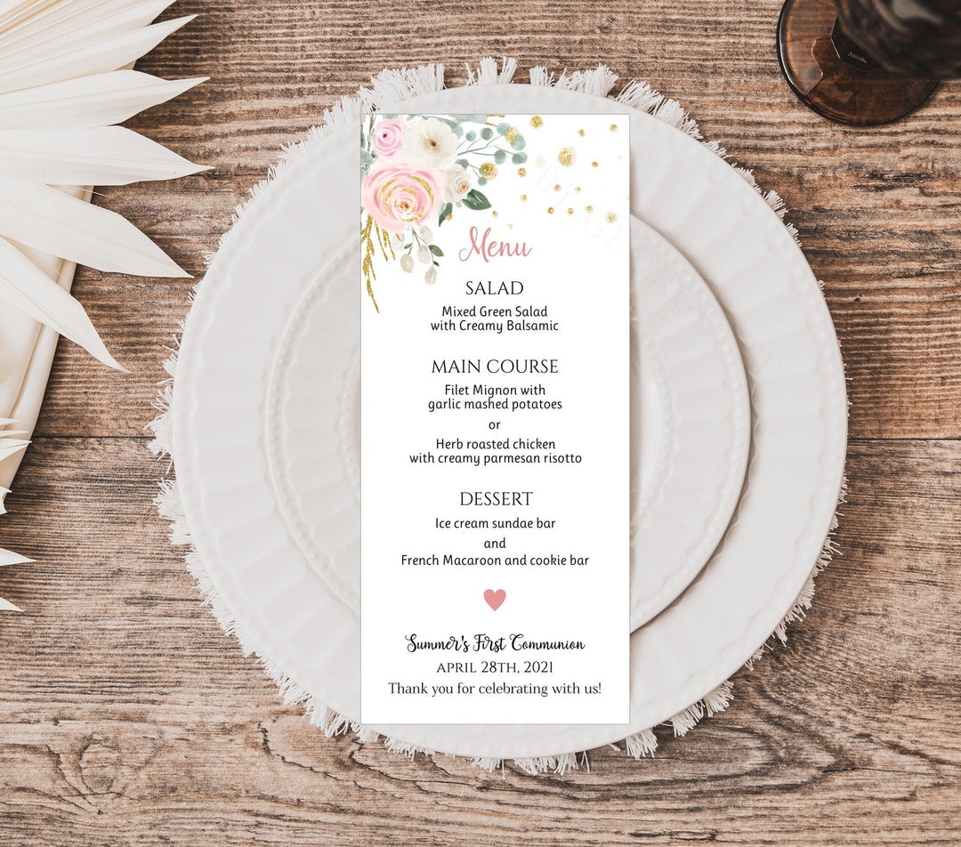 First Communion Menu Pink Baptism Menu Menu Instant Download Instant ...