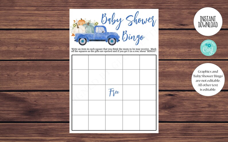 Editable Baby Shower Bingo Fall Truck Bingo Baby Shower Game - Etsy