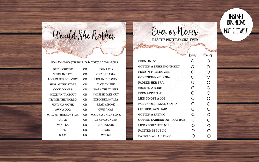 Adult Birthday Game Bundle for Her Would She Rather Ever or Never Pink ...