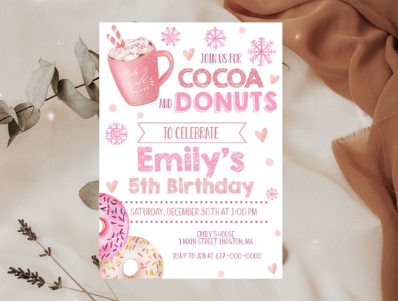 Cocoa and Donuts Party Invitation, Pink Donuts and Hot Cocoa Birthday ...